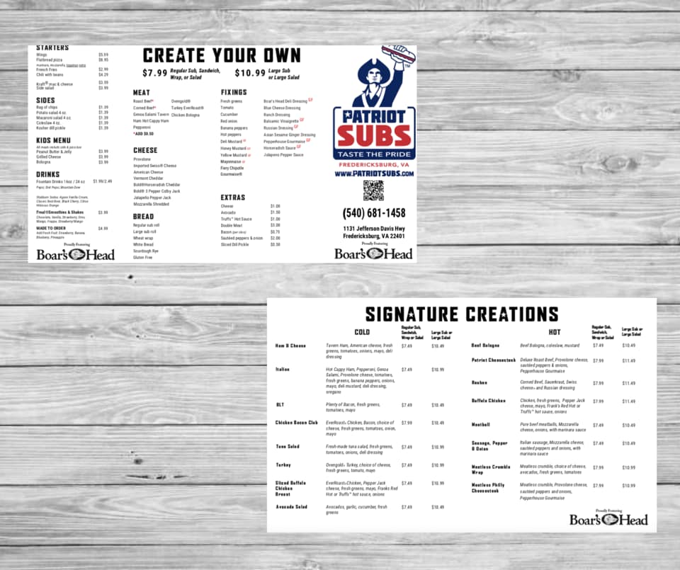 Menus for Patriot Subs